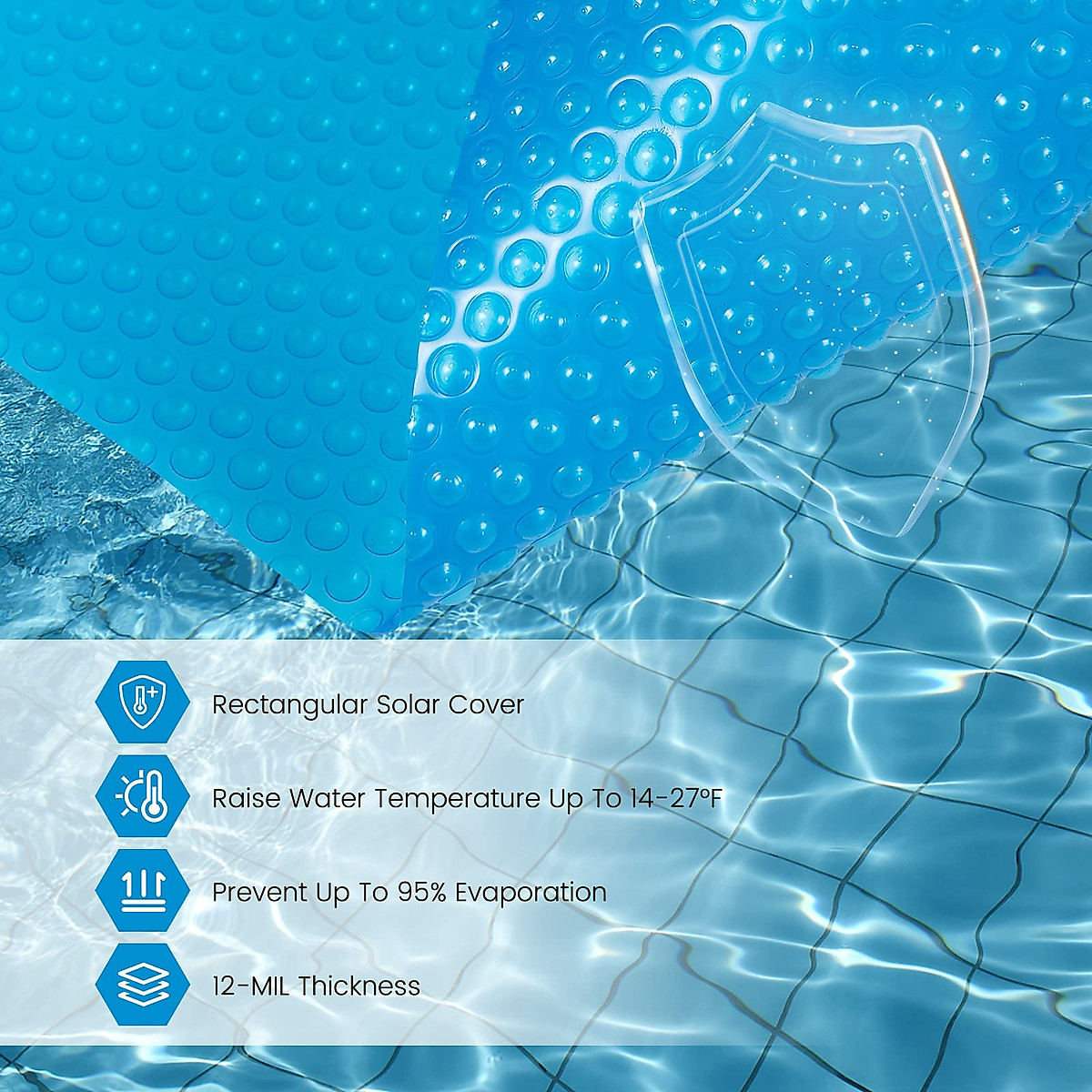 GYMAX Pool Cover, 16 FT x 32 FT 12-mil Solar Pool Cover with Carry Bag, Heat Retaining Rectangle Bubble Cover Floating Spa Blanket for Tub, In-Ground & Above Ground Swimming Pools (Blue)