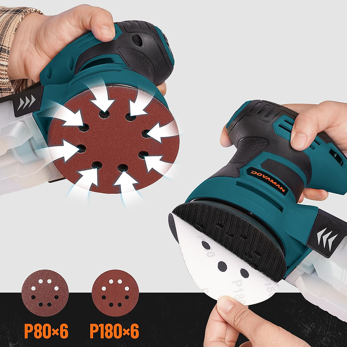 DOVAMAN ROS01A Orbital Sander, 3A Random Orbit Sander, 6 Variable Speeds, Up to 13000 rpm, 12pcs Sandpapers, 5in Sanding Pad, Dust Collection, Electric Sander Perfect for Woodworking