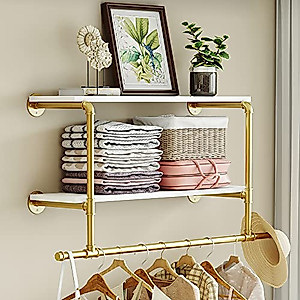MAIKAILUN Wall Mounted Clothes Rack Gold with Shelves, 42" Long Industrial Pipe Clothing Rack with 2 Tier Shelves Heavy Duty Iron Garment Rack Bar,Retail Display Clothes Rod for Clothes,Laundry Room