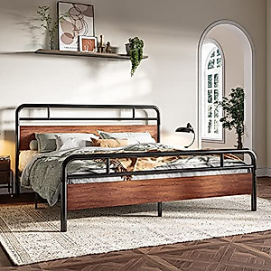 ONBRILL King Size Metal Bed Frame with Curved Wooden Headboard and Footboard, Mattress Foundation Platform Bed Frame with Under Bed Storage, No Box Spring Needed, Modern, Walnut