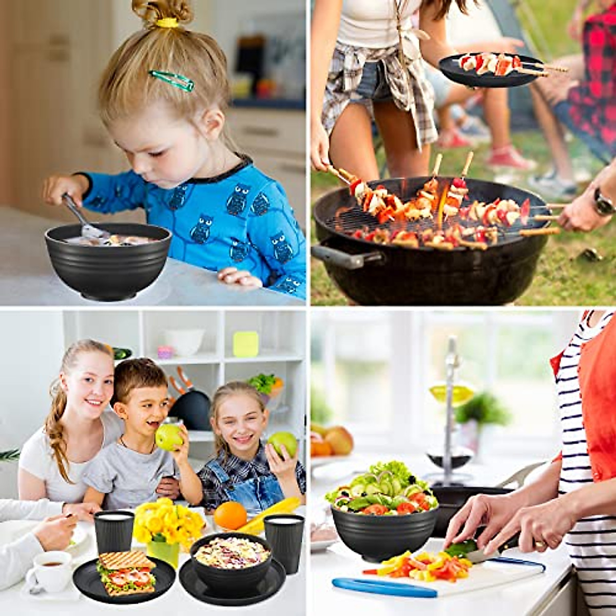 DUOLUV Plates and Bowls Sets for 8, 32-Piece Kitchen Dinnerware Set for 8 Tableware Wheat Straw Dinner Plates, Dessert Plates, Bowls and Cups, Dishes Set for Home Parties Camping - Black