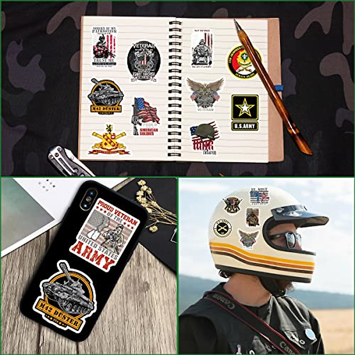 Army Stickers 52PCS Military Stickers Us Army Military Stickers and Decals Morale Scrapbooking Supplies forTeens Stickers for Laptop,Bumper,Skateboard,Water Bottles,Computer,Phone,Stickers for Kids Teens (Army)