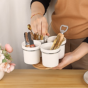 JUXYES Set of 4 Ceramic Rotating Silverware Holder For Party, White Cutlery Holder Holder With Rotating Base, Small Flatware Organizer Rotating Utensil Holder Organizer for Kitchen Dining Tables