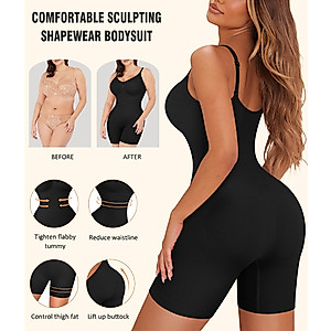 Irisnaya Women Slimming Bodysuits Shapewear Tops Tummy Control Body Shaper Spaghetti Strap Camisole Leotards Bodycon Jumpsuit (Black Mid Thigh, X-Small/Small)