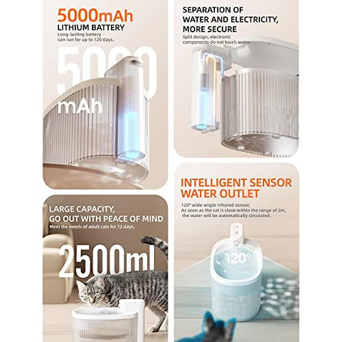 PET MARVEL Cat Water Fountain Wireless Battery Operated 85oz/2.5L with 3PCS Filters, Automatic Water Dispenser for Cats, Water Fountain for Cats Pet Inside Large Capacity Easy to Clean and Assemble