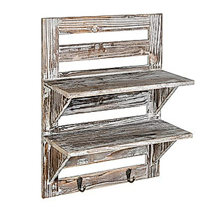 Liry Products Rustic Wooden Wall Mounted Shelves Iron Hooks Two-Tier Storage Rack Brown Torched Distressed Wood Display Shelf Organizer Farmhouse Decorative Holder Home Office Kitchen Living Room
