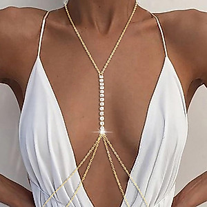 Jerany Gold Rhinestone Body Chain Crystal Bikini Body Jewelry Heart Layered Body necklaces Nightclub Waist Belly Chain for Women