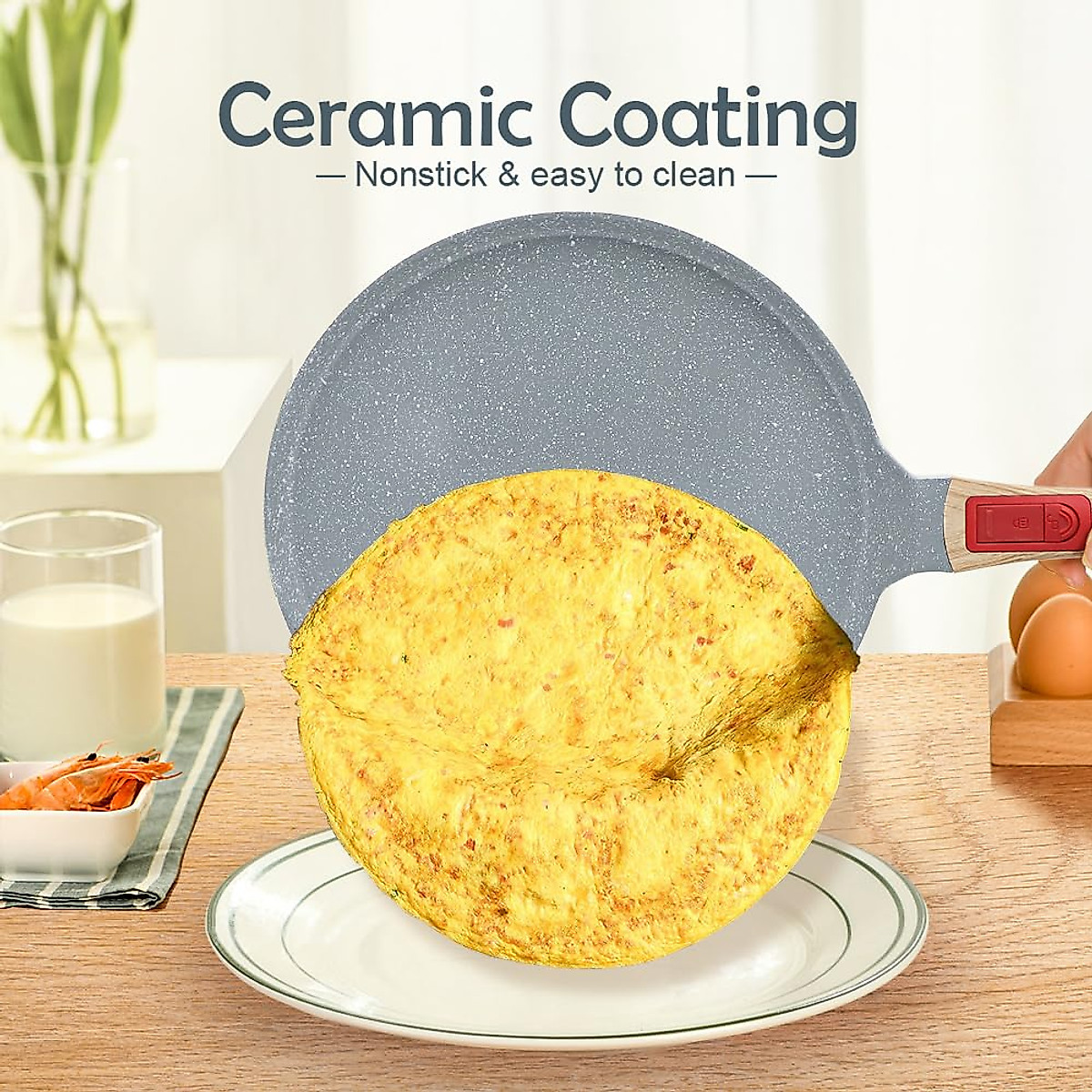 RANXINGST Nonstick Ceramic Crepe Pan, 8 Inch Dosa Pan Pancake Pan with Detachable Handle Round Griddle - Blue