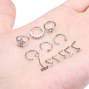 Ftovosyo 20G Surgical Steel Nose Rings Hoop for Women Men, Paved CZ Flower Piercing Jewelry L Shaped Nose Ring Stud Set