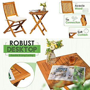 Greesum 3 Piece Patio Folding Furniture Bistro Set with 2 cushions for Pool Beach Backyard Balcony Porch Deck Garden, Acacia Wood