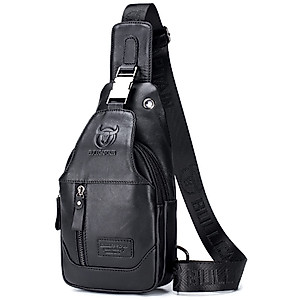 BULLCAPTAIN Genuine Leather Men's Sling Shoulder Backpack Multi-pocket Crossbody Chest Bags Travel Hiking Daypack with Earphone Hole (Black)