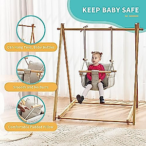 Wooden Toddler Swing Set, Foldable Baby Swing Set with Adjustable Ropes and Backrest Pillow, Durable and Stylish Indoor Swing Set, Swing Set for Toddlers 6-36 Months, Easy to Assemble (Wood)
