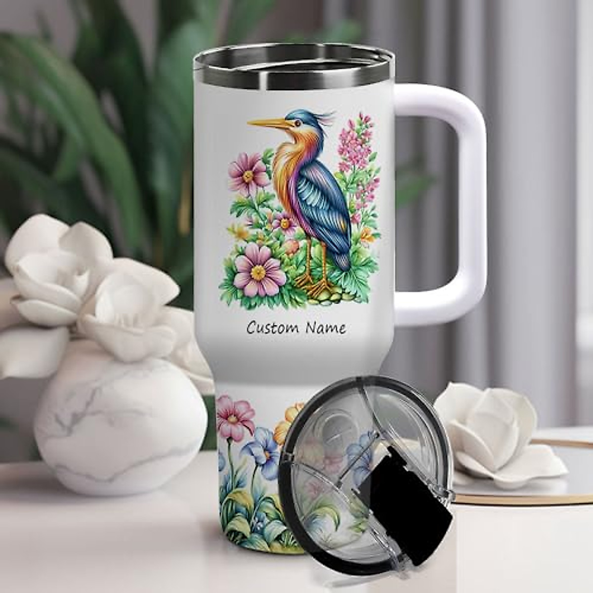 Personalized Green Heron 40oz Tumbler With Handle, Lid & Straw - Stainless Steel Travel Coffee Mug - Custom Gift for Bird Lovers - Women, Girls Birthday or Holiday Gift Idea h0gIJC