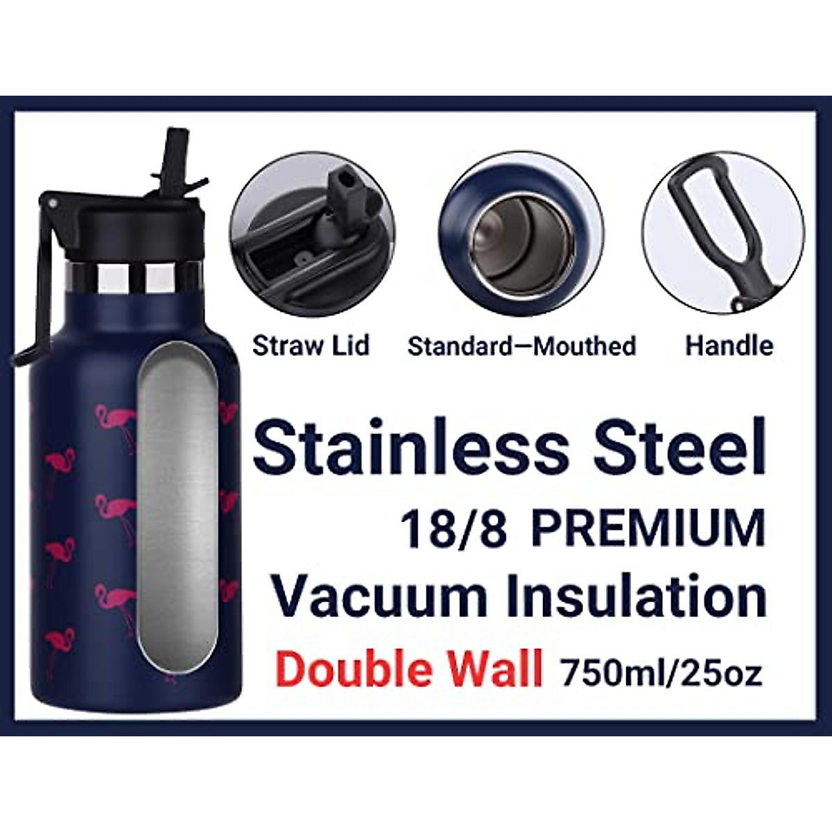 QISSZION Kids Insulated Bottle with Handle & Straw 12oz, Vacuum Stainless Steel Water Bottles Leakproof for School, BPA Free Flask Metal Thermos for Boys & Girls - Flamingo