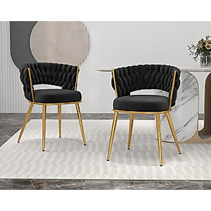 KCC Velvet Dining Chairs Set of 2, Gold Modern Dining Chair with Metal Legs, Woven Upholstered Dining Chairs for Dining Room, Kitchen, Vanity, Living Room (Black)
