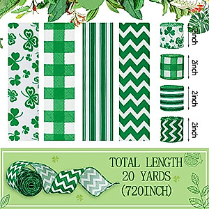 Whaline 4 Rolls St Patrick's Day Wired Ribbon Plaid Shamrock Stripe Crease Ribbon Linen Like Polyester Green White Irish Wrapping Ribbon for Home Birthday Craft Decoration Gift Bow, 2inch x 5 Yards