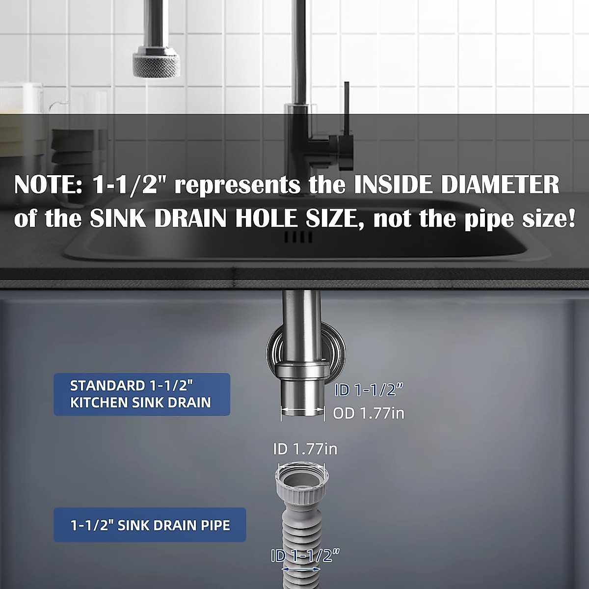 iFealClear 2 Pack 1-1/2" P-Trap Pipe, Flexible Sink Drain Pipe with 2 Rubber Sealing Rings, Flexible Drain Pipe Expandable 11"-34.5" P Trap Tubing Pipe for Kitchen Sink & Garbage Disposal, Gray