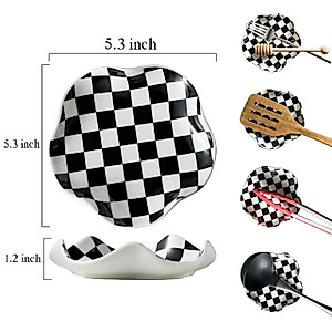 Miamolo Spoon Rest for Stove Top, 5.3in Checkered Spoon Holder Utensil Rest, Ceramic Spoon Rests for Coffee Bar, Kitchen Gadget Cooking Gift for Housewarming