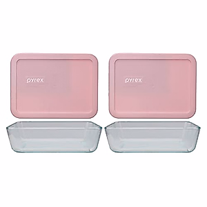 Pyrex (2) 7210 3 Cup Glass Dishes & (2) 7210-PC Loring Pink Lids Made in the USA