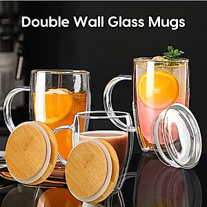 15 Oz Double Walled Glass Coffee Mugs, 2 Packs Clear Coffee Mugs with Lids Insulated Coffee Cups with Handle Perfect for Cappuccino,Tea,milk ,Espresso,Latte, Hot Beverage Set of 2 (Glass lid, 15oz)