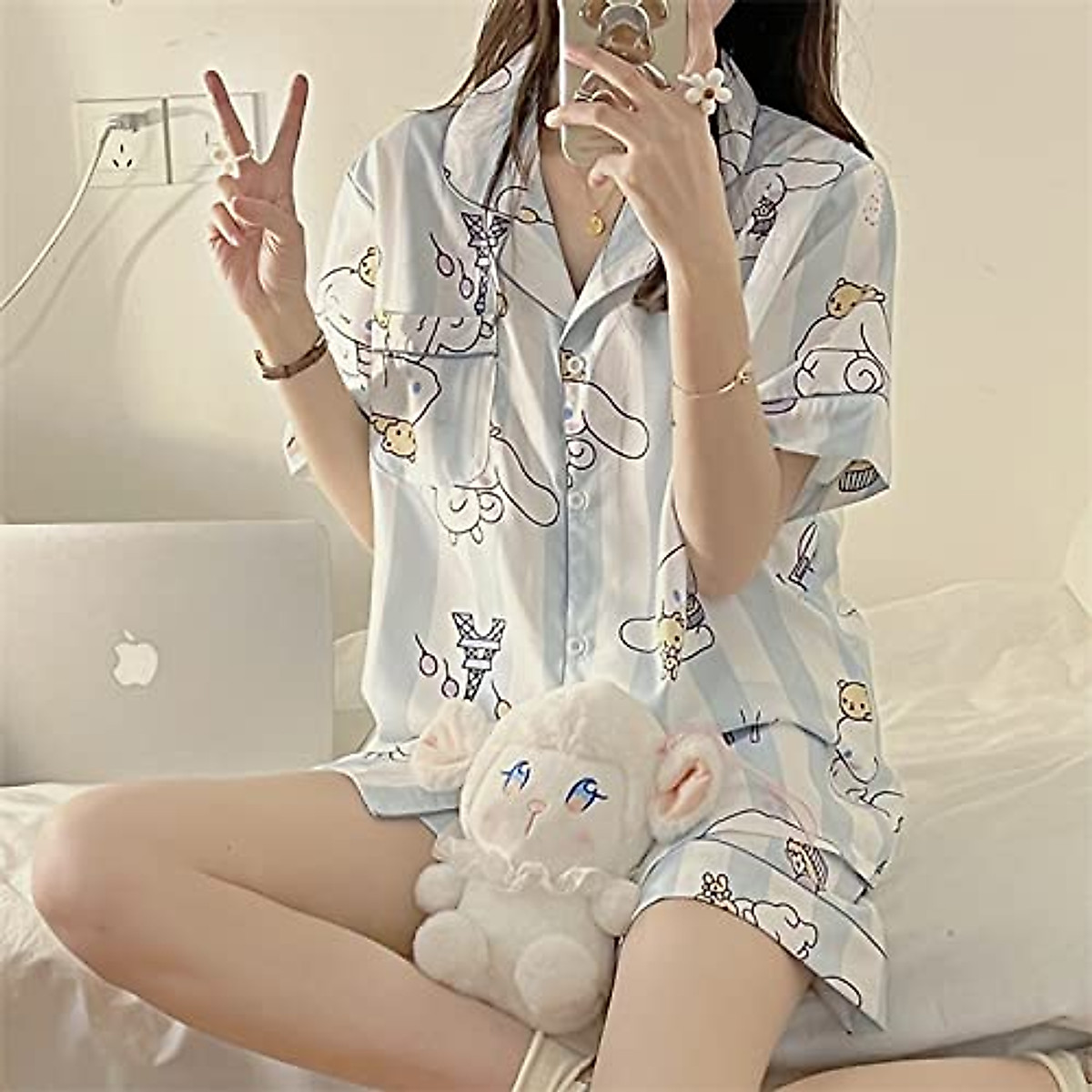 Oxsioeih Kawaii Silk Pajamas Set for Women & Girls Cute Cartoons Satin Button-down Shorts Two-piece Pj Sets Cardigan Sleepwear Loungewear for Summer