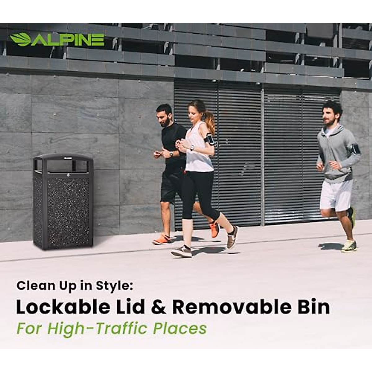 Alpine Indoor & Outdoor Commercial Trash Can with Lid - 40 Gallon Heavy Duty Metal Garbage Can with Removable Bin, Locking Lid for a Modern Look in Patio, Pool, Deck, Office Black, Grey Stone Panels