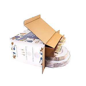 WDF 30Guest Gold Plastic Plates Disposable - Gold Plastic Silverware With White Handle Baroque Plates Disposable for Weddings, Parties, Mother's Day