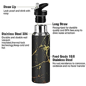Poeticcity Black Marble with Golden Veins Luxury Abstract Texture Rip Style Stainless Steel Water Bottle, Leak-Proof Vacuum Hot Cold Insulated Travel Mug, Double Walled with Handle Cup Bottle 20 Oz