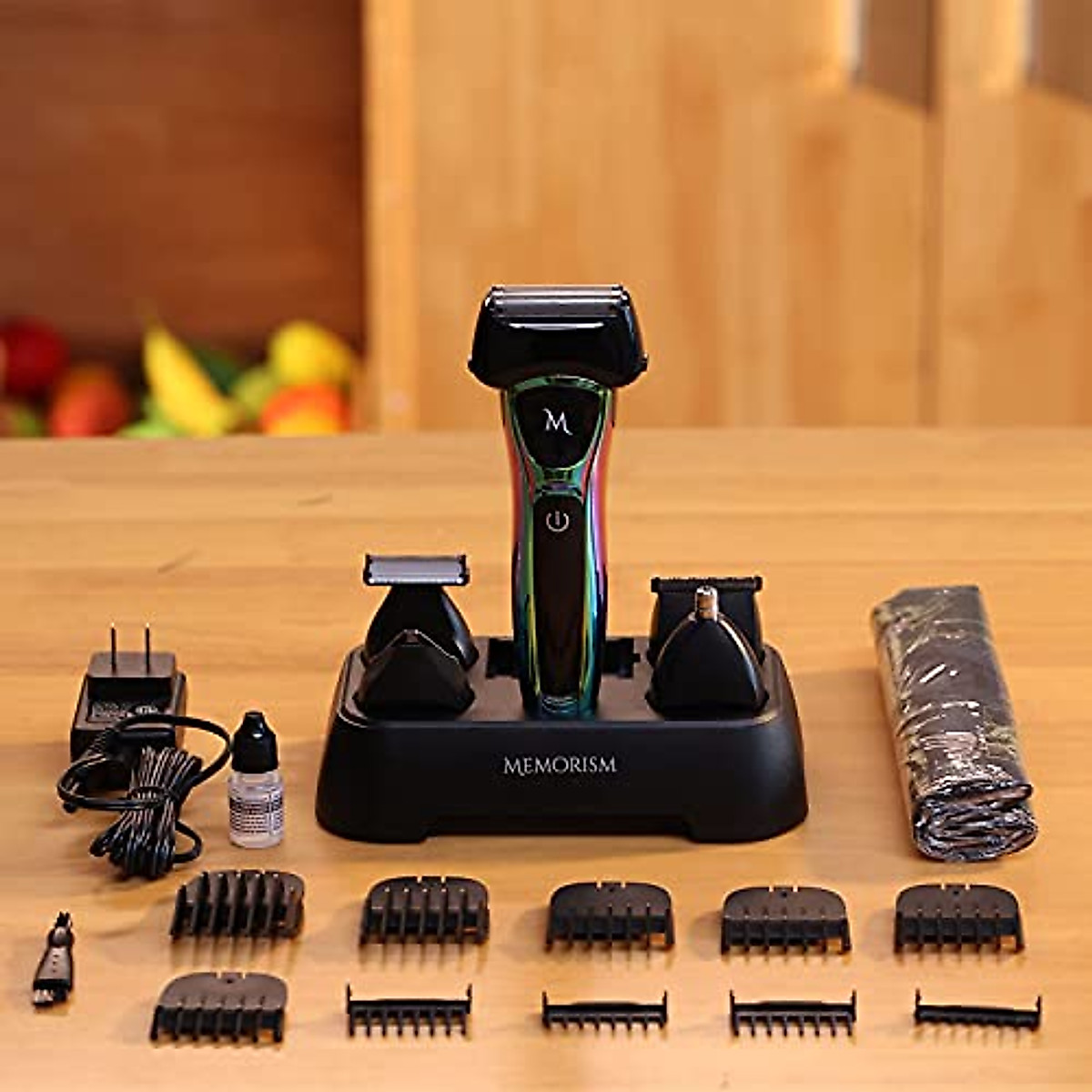 Memorism Multifunction Men’s Grooming Kit - Foil Shaver 4-Attachment Body Hair, Nose, Beard Trimmer with Adjustable Guard Heights - Rechargeable with LED Display Blizz GS5 (Purple-Green Gradient)