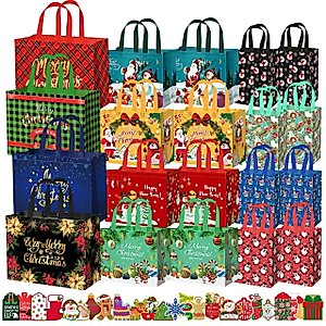 WLUSEAXI 20 Pack Christmas Gift Bags Assorted Sizes with 24 Christmas Gift Tags, Reusable Christmas Tote Bags with Handles,4 Extra Large,8 Large,8 Small Christmas Bags for Gifts Xmas Party Favor
