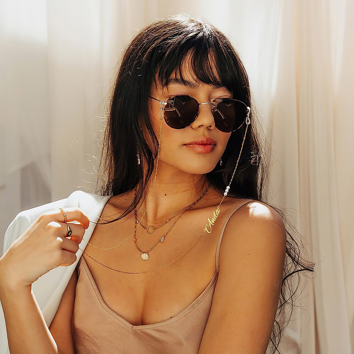 DayOfShe Personalized Glasses Chain with Name 18K Real Gold Plated Eyeglasses Chain 24 Inches Gifts for Women