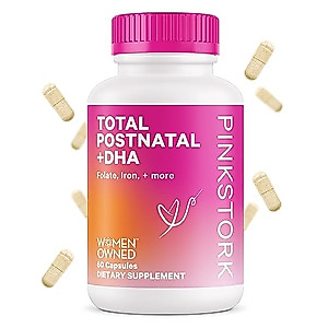 Pink Stork Total Postnatal Vitamins for Women with DHA, Iron, Folate, and Vitamin B12, Postpartum Recovery Essentials, Daily Postnatal Supplement for Breastfeeding Moms, 60 Capsules, 1 Month Supply