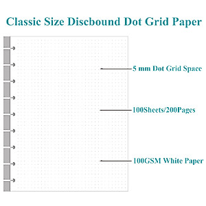 Classic Size Discbound Dotted Grid Refill Paper, 9-Disc Discbound Pre-punched Happy Planner Inserts, 100Sheets/200Pages Loose-Leaf Paper, 100gsm White Paper, 7" x 9.25"