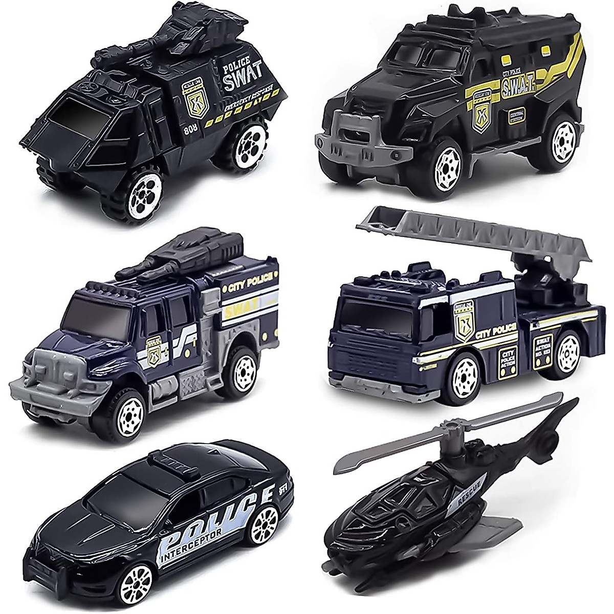 6 Pack Diecast Police Car Toy Set, Mini Alloy Models Police Car Toys for Boys 3-5 6 7, Armored Vehicle, Bulletproof Car, Rescue Truck, Military Helicopter, Armed Car Police Toys Kids Birthday Gift