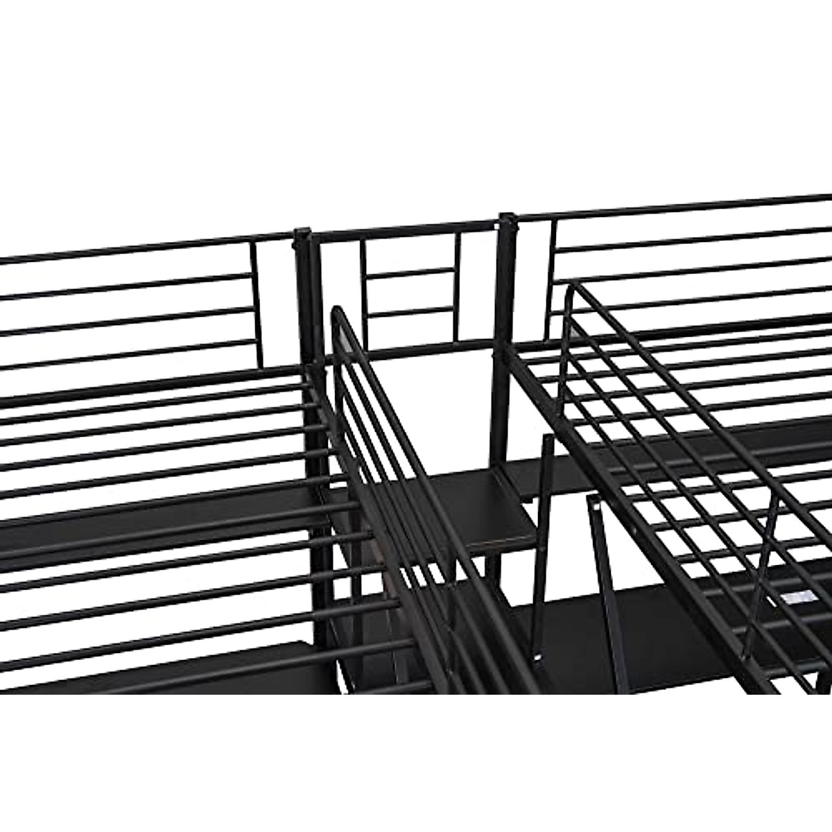 ATY Twin Over Twin Bunk Bed with 2 Desks and Shelves, 4-in-1 Metal Bedframe w/ 3 Storage Staircase & Safety Guardrail, Maximum Space Design, for Kids Bedroom, Dorm, Guestroom, Black