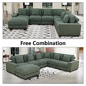 Plithzy Oversize Modular Sectional Sofa, U Shaped Convertible Couch for Living Room, Corduroy Fabric Sofa Set with Removable Ottoman (7 Seat Sofa Couch, Green)