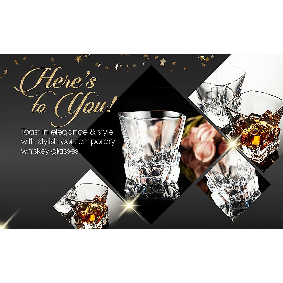 BERKWARE Lowball Whiskey Glasses - Clear Old Fashioned Glasses with Square Top Design for Bourbon, Scotch & More, 9.5oz each (Set of 6)