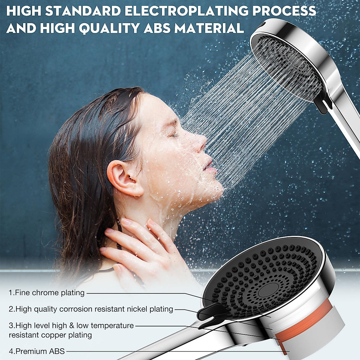 D DUSSAL Handheld Shower Head, High Pressure 7-mode Shower Head, Hand Held Shower Head, 202 Anti-clogging Silicone Nozzles, Built-in Power Wash to Clean Tub, Clean Corner,Tile & Pets - Chrome