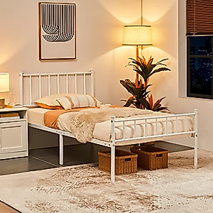Topeakmart White Metal Twin Size Bed Frame with Headboard and Footboard, White Platform Bed Frame Twin, Heavy Duty Steel Salt Metal Bed Frame, No Box Spring Needed, Anti-Slip Metal Bed Frame, White