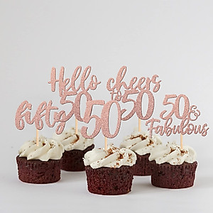 30PCS 50th Birthday Cupcake Toppers Glitter Fifty Hello 50 Cupcake Picks Cheers to 50 Fabulous Cake Decoration for Happy 50th Birthday Wedding Anniversary Party Decorations Supplies Rose Gold
