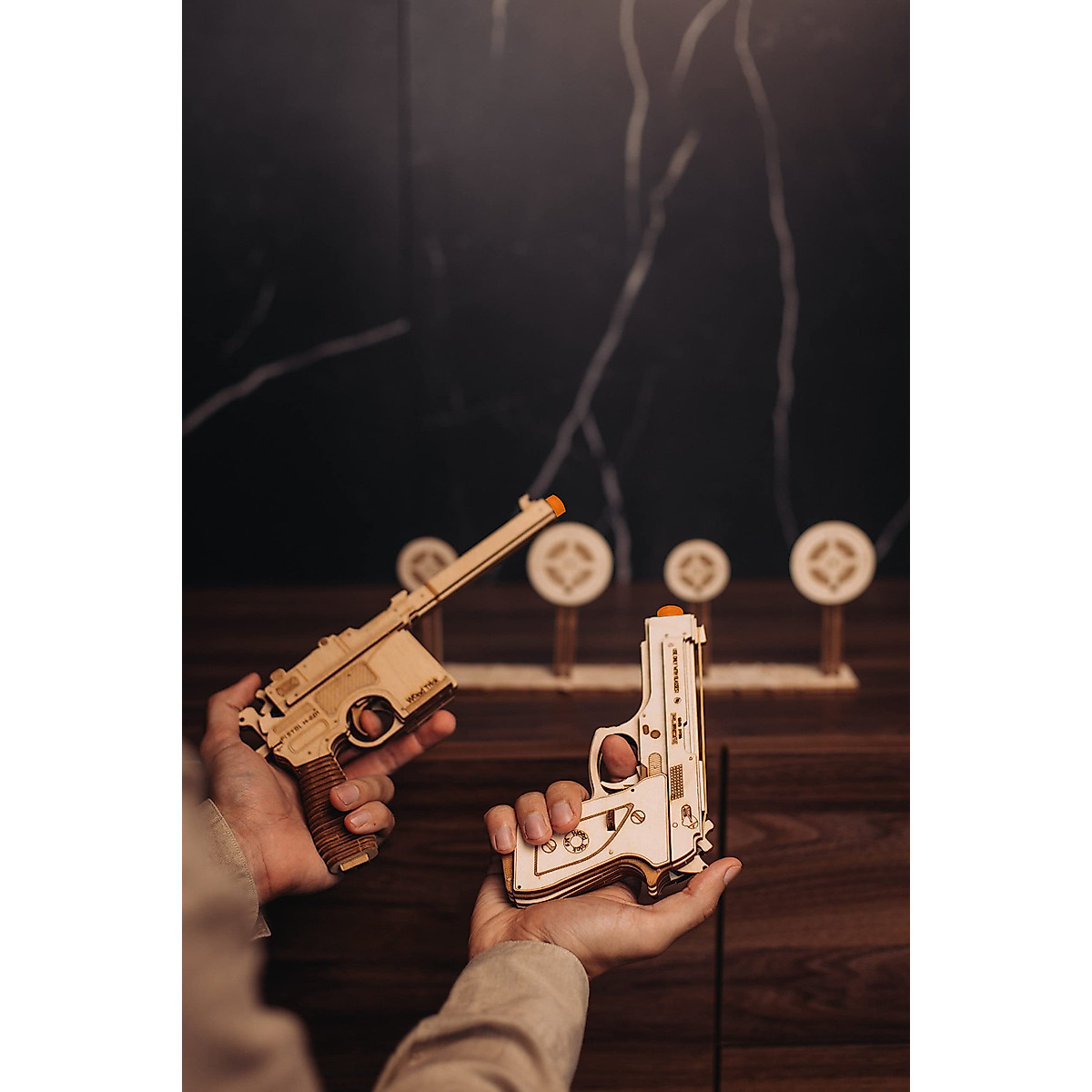 Wood Trick Wooden Toy Guns Set with Targets Shooting Range, Pistol Toy Guns for Kids Set - 3D Wooden Puzzle for Adults and Teens