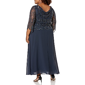 J Kara Women's Plus Size 3/4 Scallop Beaded Pop Over Gown, Navy/Mercury, 24W