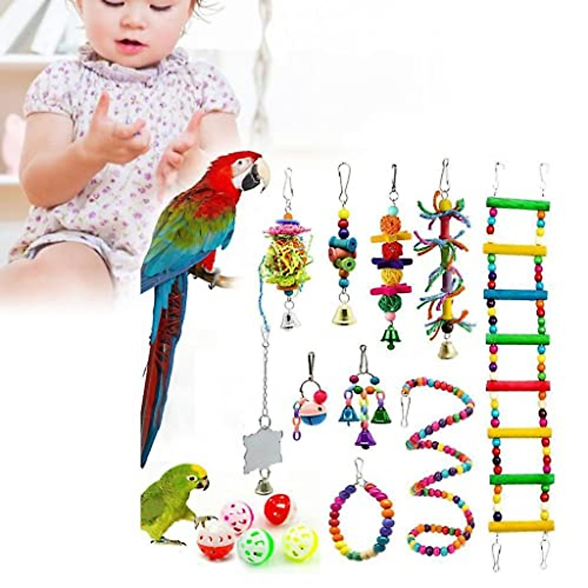 UGPLM 15Pcs Bird Toys Kit Chewing Toys with Bell Ball Bird Training Toys for Small Parakeets, Cockatiels, Budgies, Conures, Finches