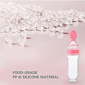 Gaodear Natural Touch Silicone Baby Food Feeder,Squeeze Cereal Bottle with Dispensing Spoon，Suction Cup Design,3 Ounce/Pink