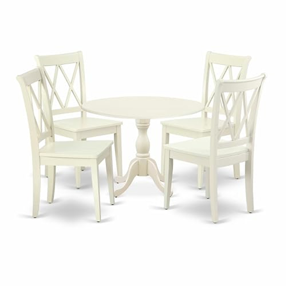 East West Furniture DMCL5-LWH-W 5 Piece Dining Room Table Set Includes a Round Dining Table with Dropleaf and 4 Wood Seat Chairs, 42x42 Inch, Linen White