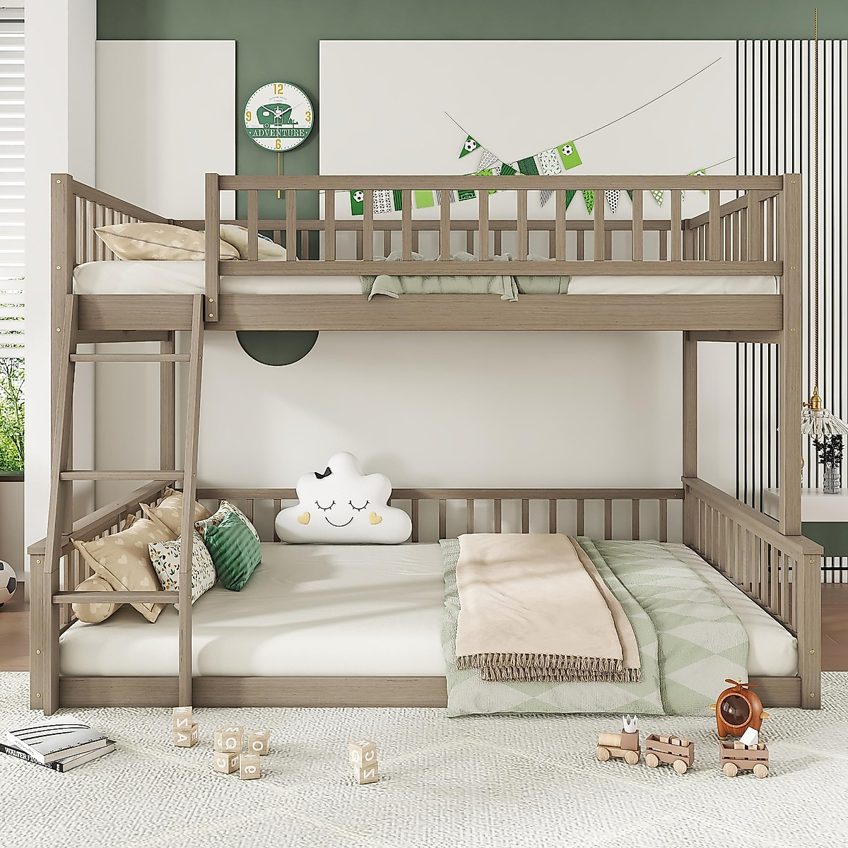 Full XL Over Queen Bunk Bed for Kids/Adults,Queen Size Floor Bunk Beds with Inclined Ladder,Solid Wood Low Bunk Bed,Detachable Bunk Beds for Teens,Girls,Boys(Walnut)