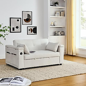 Convertible Pull Out Sleeper Sofa Bed Double Seat Recliner Futon Couch with Cupholders Armrests and Side Pockets, Adjustable Loveseat Chaise Lounge with USB Power Outlet and Lumbar Pillow for Office