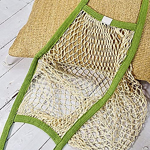 Green Handle US - Mesh Net Bag with Long Shoulder Handle Bag Stretchable Reusable for Grocery Shopping Beach Toys Storage (Green Handle)