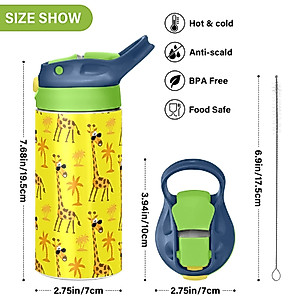 ALAZA Cute Cartoon Giraffe on Yellow Background Kids Water Bottles with Lids Straw Insulated Stainless Steel Water Bottles Double Walled Leakproof Tumbler Travel Cup for Girls Boys Toddlers 12 oz / 35
