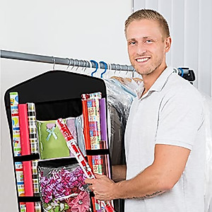 Hanging Gift Wrapping Paper Storage Organizer Bag, Double Sided Multiple Front & Back Pockets Organize Your Gift Wrap, Gift Bags Bows Ribbons 40"X17" Fits Long 40 Inch Rolls Clear PVC Bag (Full Black)